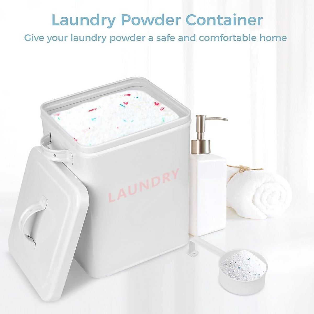 Homaisson Laundry Powder Container, Laundry Detergent Storage Container, Powder Laundry Soap Box, Vintage Style Metal Organizer with Lid and Handy Scoop