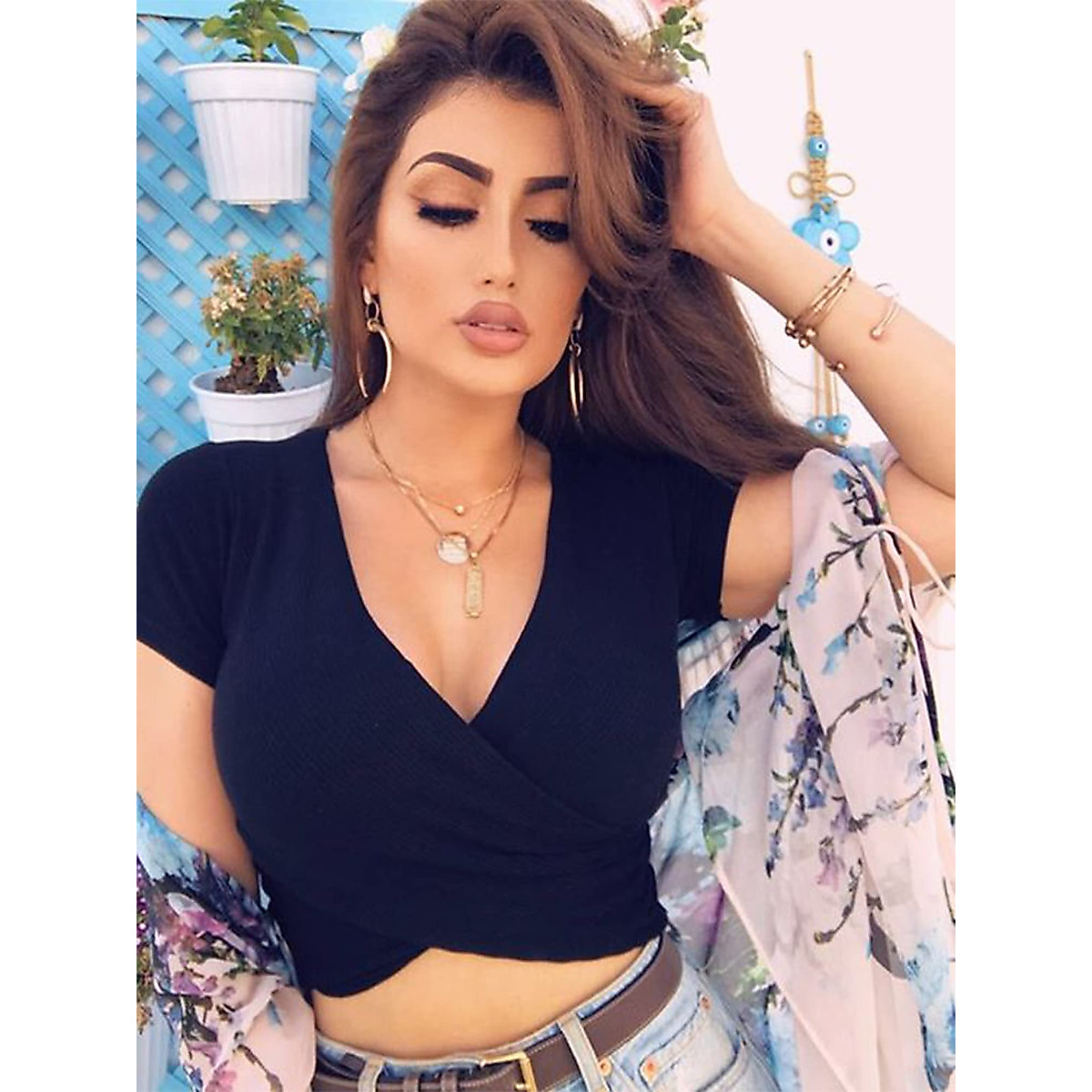 VETIOR Sexy Tops for Women Deep V Neck Short Sleeve Sexy Shirts for Women Cross Wrap Slim Fit Cute Crop Tops for Teen Girls S Black