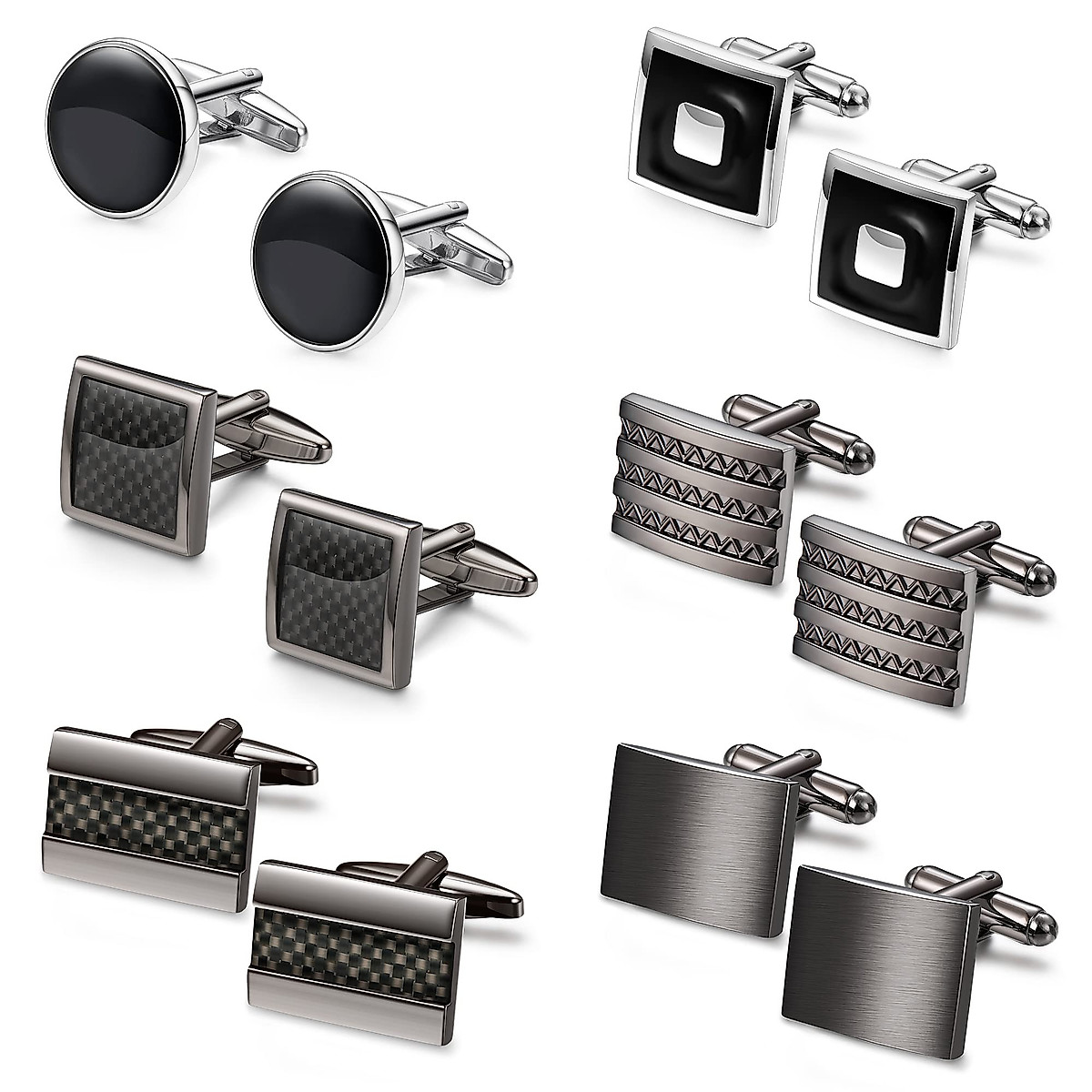 Florideco 6 Pairs Men's Cufflinks Classic Vintage Black Striped Silver Tone Cufflinks Set for Men Business Wedding Shirts Groomsman Tuxedo With Gift Box