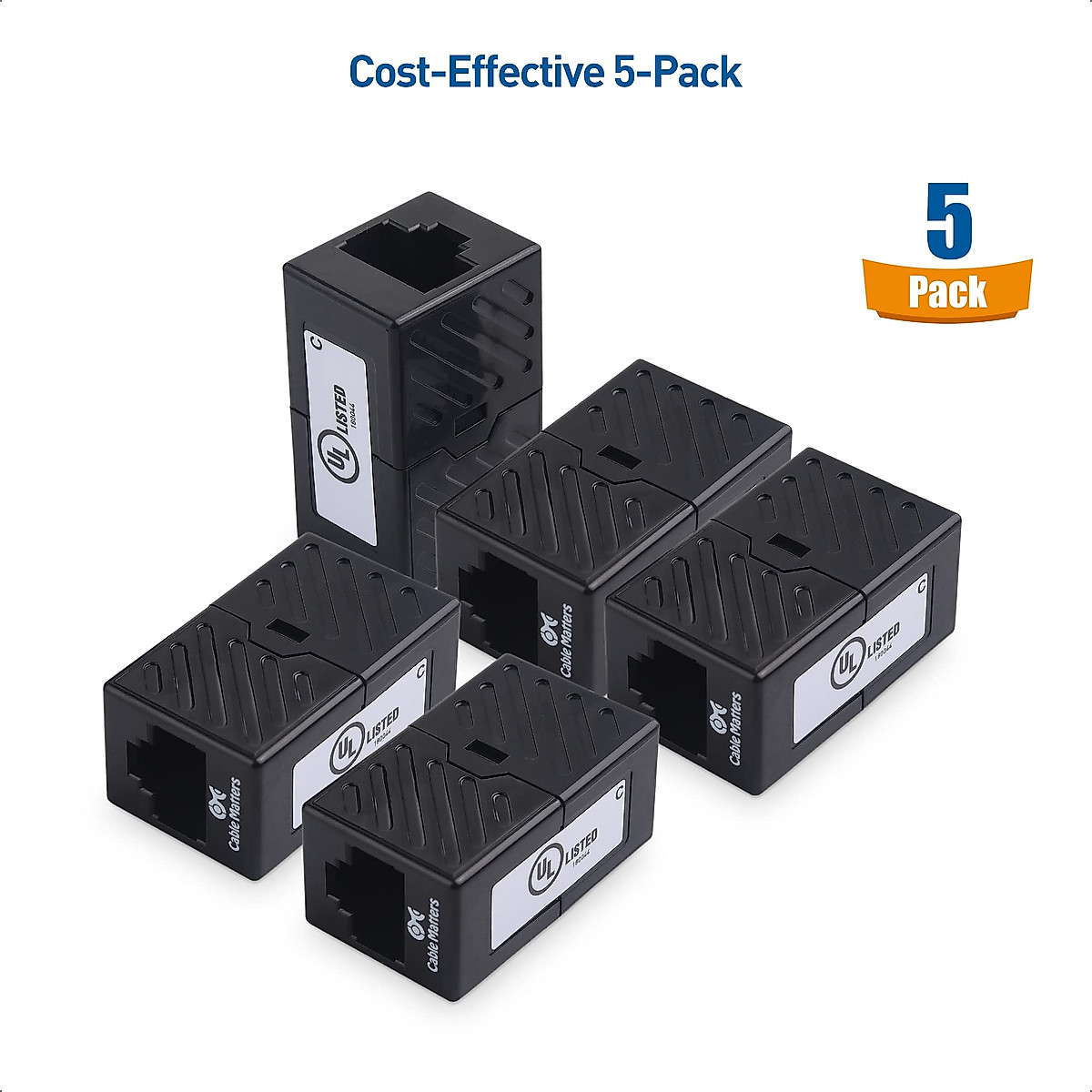 Cable Matters [UL Listed] 5-Pack 10Gbps Cat 6 Ethernet Coupler (RJ45 Coupler, Cat6 Coupler, Ethernet Extender Adapter) in Black, Compatible with Cat6A, Cat5e