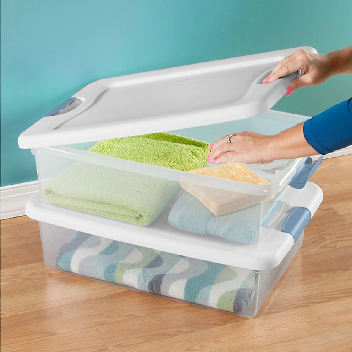 Sterilite 32 Quart Multipurpose Plastic Stackable Storage Box Container with Latching Lid for Home or Office Organization, Clear (12 Pack)