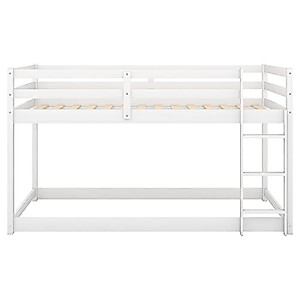 Merax Twin Over Twin Floor Bunk Bed with Ladder, White