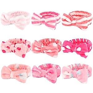 WHAVEL 9 Pack Pink Microfiber Hairband for Washing Face, Makeup Headband Skincare Headbands with Cute Bow, Fluffy Face Wash Headband for Women
