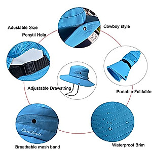 PFFY Ponytail Sun Hat for Women 3” Wide Brim UPF 50+ Bucket Fishing Beach Hats Grey