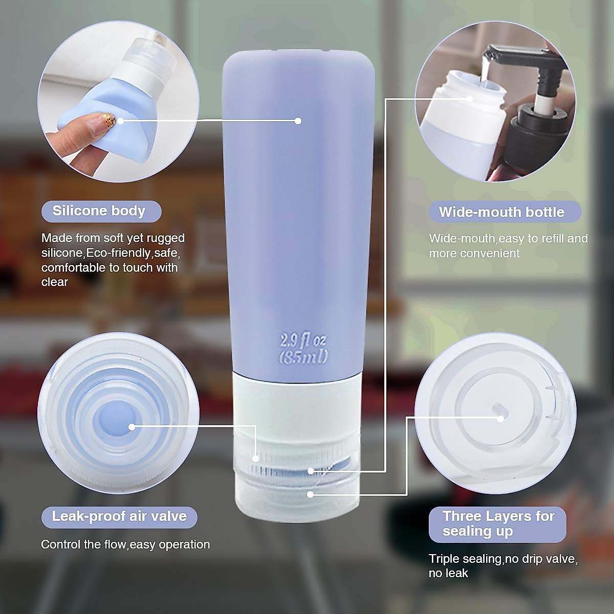 Travel Bottles TSA Approved, TCJJ 3oz BPA Free Silicone Travel Container, Leakproof Squeeze Travel Tube Cream Jars with Bag, Toiletry Bottle Set for Cosmetic Shampoo Conditioner Lotion Liquids (9 Pcs)