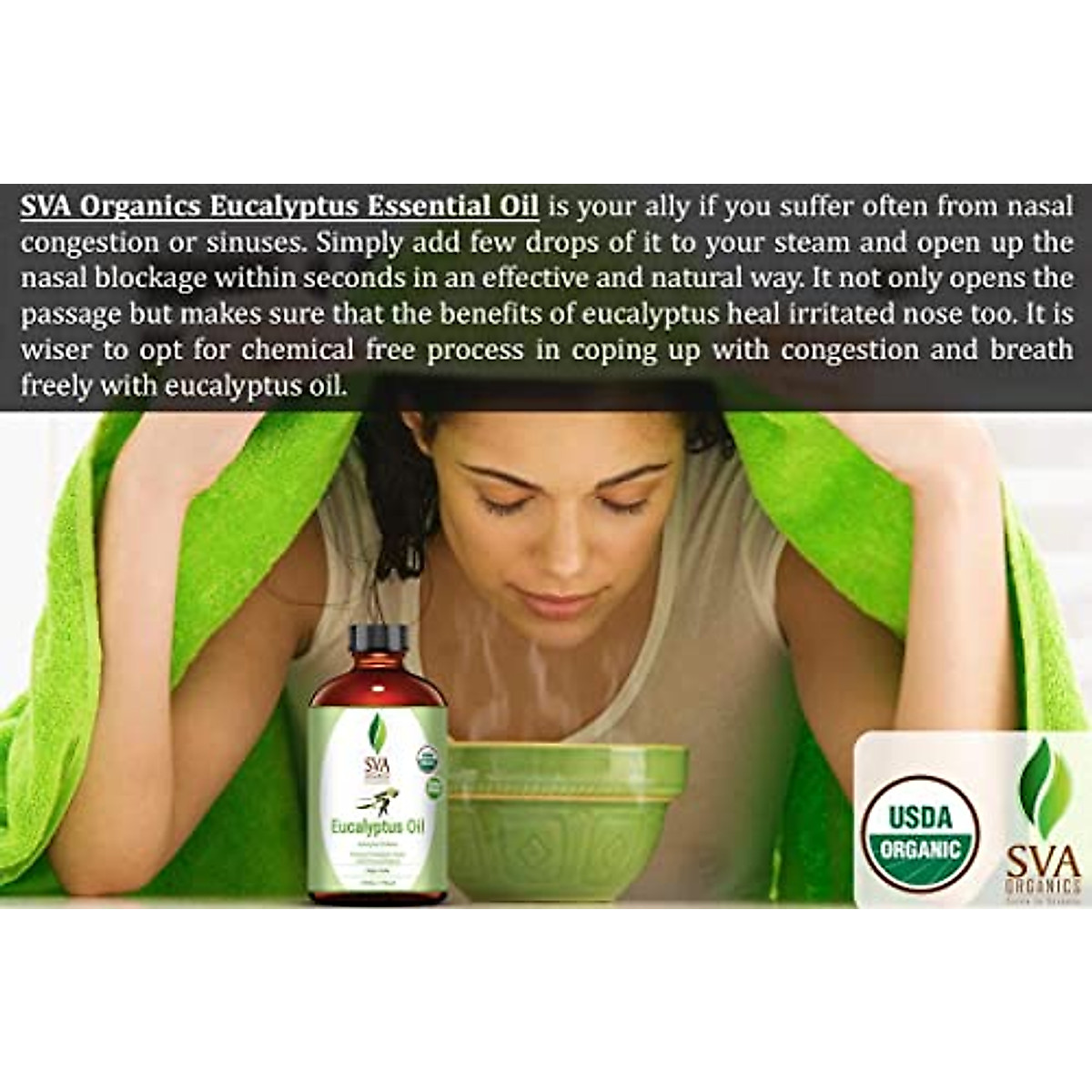 SVA Organics Eucalyptus Essential Oil Organic 4 Oz USDA with Dropper 100% Pure Natural Undiluted Premium Therapeutic Grade Oil for Diffuser, Aromatherapy, Face, Body & Hair Care