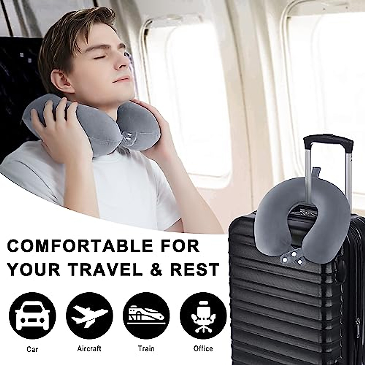 urnexttour Travel Pillow, Memory Foam Neck Pillow Airplane, Soft & Support Airplane Pillow for Travelling, Sleeping Rest, Car, Train, Office and Home Use (Grey)