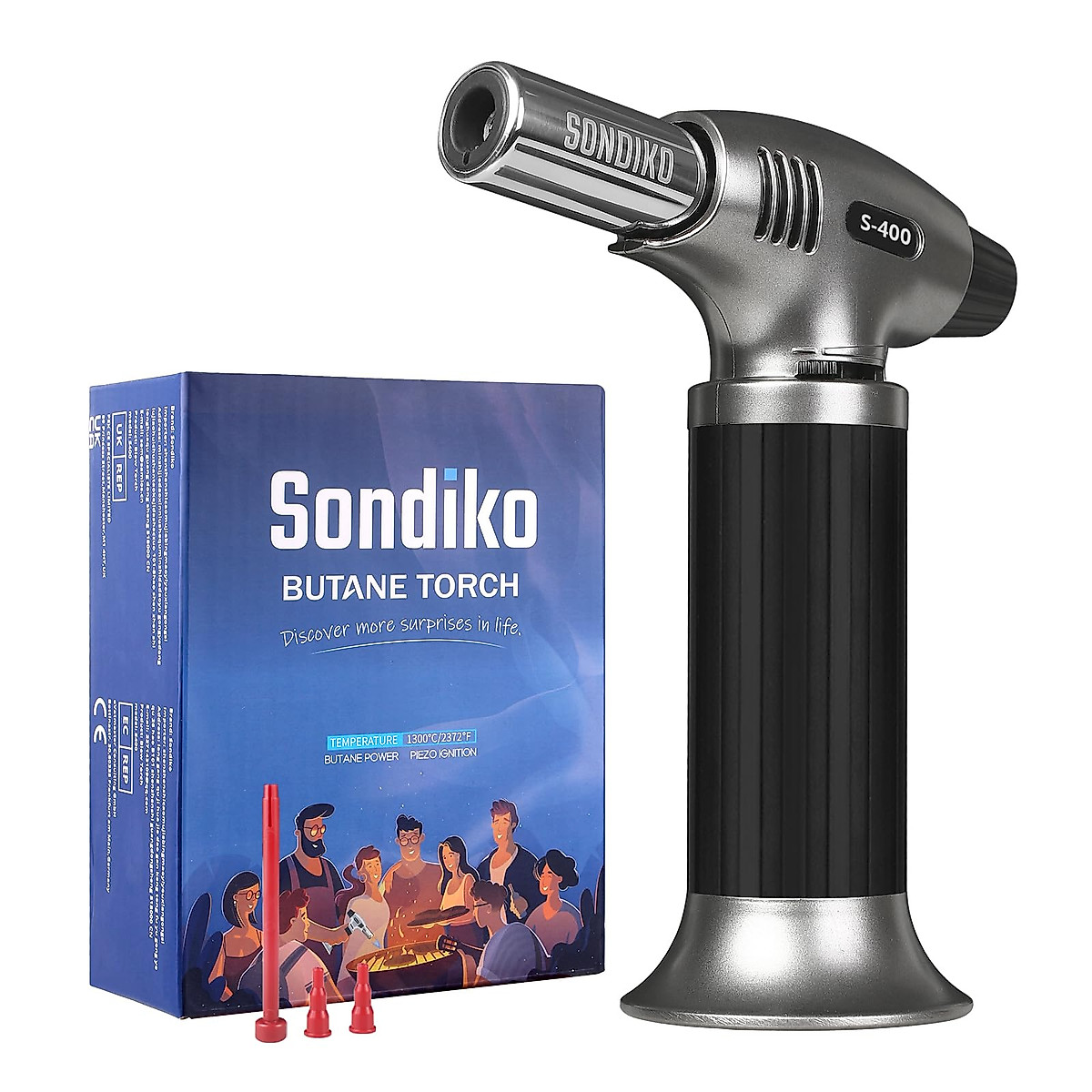 Sondiko Culinary Butane Torch, Black and Gray SP400, Fit All Small Butane Tanks with Safety Lock and Adjustable Flame for Desserts, Creme Brulee(Butane Gas Not Included)