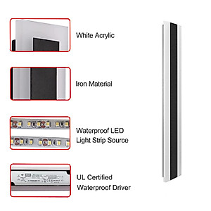 Outdoor Long Strip Modern LED Wall Lighting Fixture Lamps, Elegant Frosted White Acrylic, Black Aluminum Body IP65 Waterproof Anti Rust (Cold White, 60inch)
