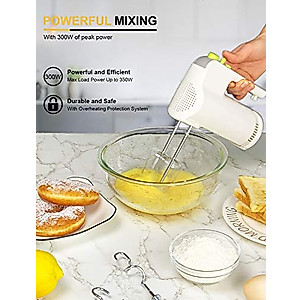 Hand Mixer Electric, MOSAIC Mixer with Cord & Attachments Storage and 4 Stainless Steel Accessories, Easy Eject Handheld Mixer for Whipping Mixing Cookies, Brownies, Cakes, Dough (White)