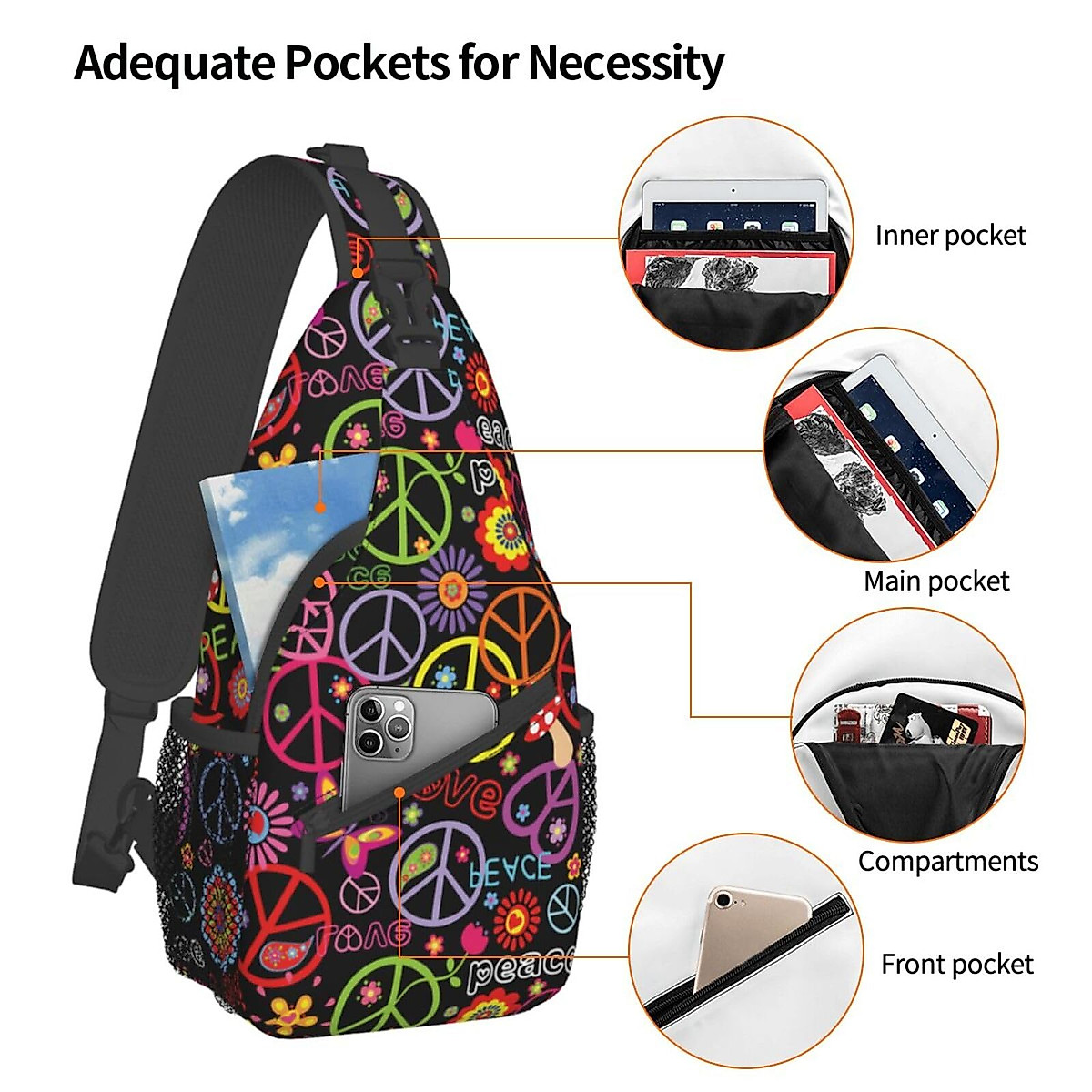 VOOHDDY Hippie Peace Sling Bag For Women Men Travel Hiking Backpack Crossbody Shoulder Chest Bags Casual Daypack Sport