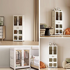 XIMSPHY Portable Kids Wardrobe, Plastic Closet Organizer with Hanging Rod, Collapsible Children's Armoire Storage Cabinet for Bedroom, Easy to Install (White, Large)