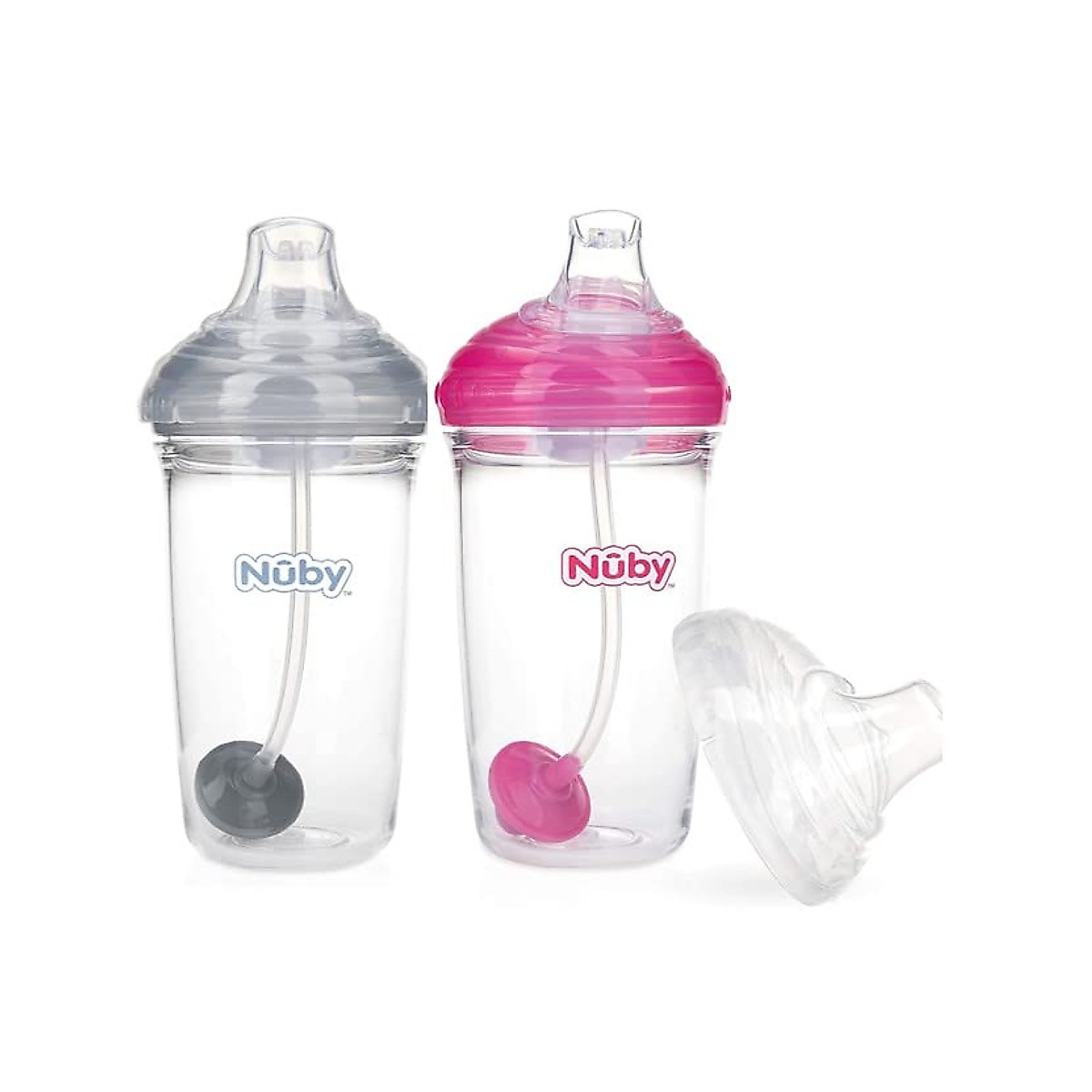 Nuby Tritan No-Spill Trainer Cup with Silicone Spout & 360 Weighted Straw with Hygienic Cover, 2 Pack (Pink, Gray)