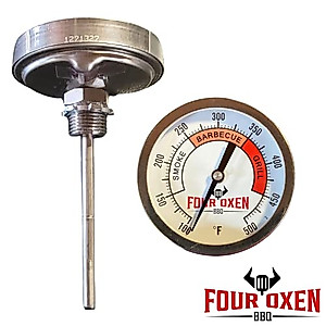 Four Oxen BBQ Grill Thermometer, 3-inch Aluminum Zoned Dial, 4-inch Stem, 100/500 Degrees F Temperature Gauge for Barbecue Pits, Smokers, and Cookers