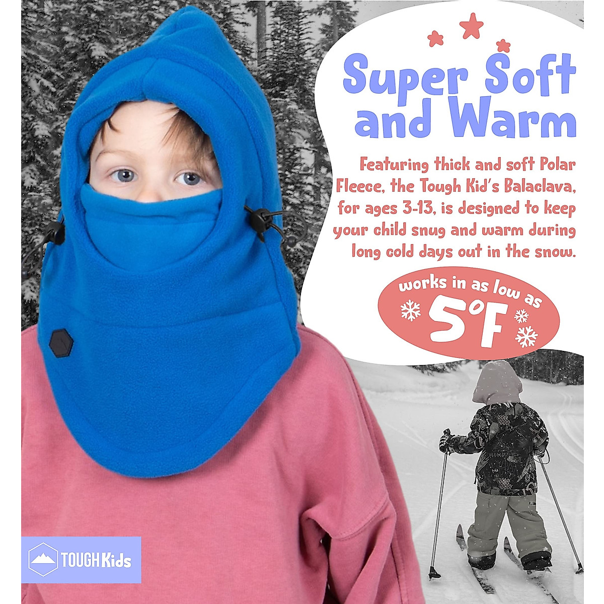 Tough Headwear Kids Winter Hat with Mask - Ski Mask for Kids - Ninja Kids Balaclava & Winter Face Mask for Kids w/Hood - Toddler Balaclava Blue
