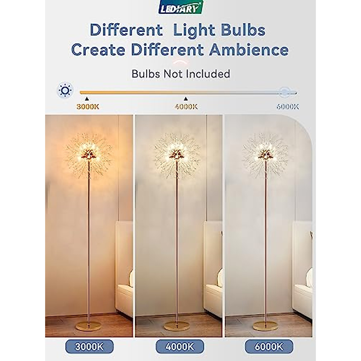 LEDIARY 75 Inch Tall Floor Lamp, Modern Standing Lamp for Living Room, LED Crystal Floor Lamp with On/Off Foot Switch, Industrial Gold Floor Lamp, Metal Tall Pole Lamp for Bedroom Office