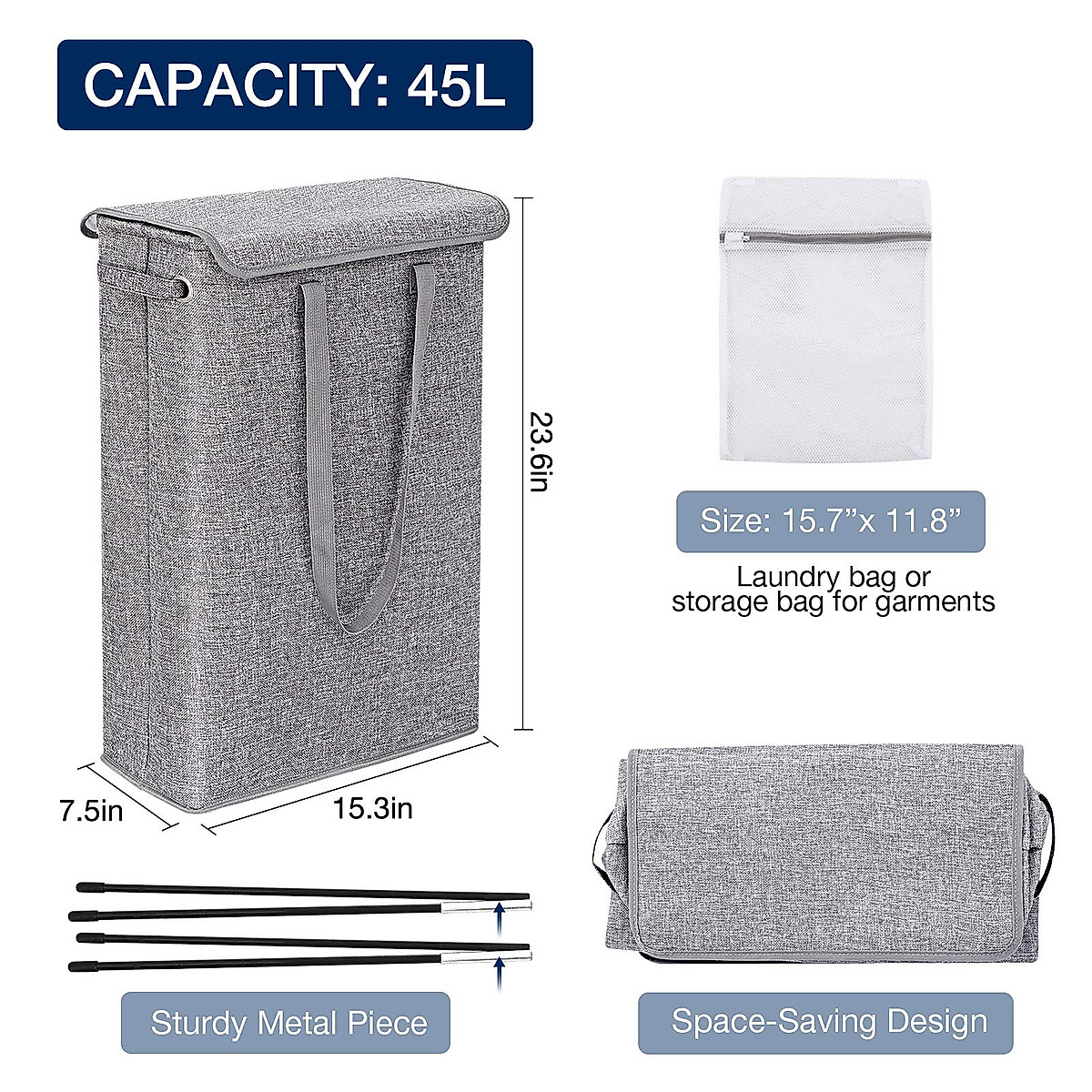 Slim Laundry Basket with Lid, Tall Thin Laundry Hamper with Handles, Waterproof Lining Narrow Dirty Clothes Hamper for Bathroom Bedroom Dorm Nursery Organization Storage (45L, Dark Grey)