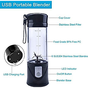 Portable Blender Smoothies Personal Blender Mini Shakes Juicer 380 ml Cup USB Rechargeable Cordless Shaker Bottle (BLACK)