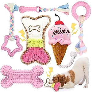 BAEJMJK 6 Pack Puppy Teething Toys Pink Small Breed Dog Chew Toys with Rope Cute Soft Rubber Puppy Toys Set for Cleaning Teeth Interactive Pet Doggy Bone Toys