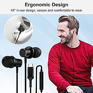 USB C Headphones, ACAGET Wired Earbuds for Galaxy S21 Plus Type C Magnetic Earphones with Mic HiFi Stereo Headset Volume Control Headphone for Samsung S22 S23 Ultra S20 FE A53 Pixel 7 6 iPad Pro Black