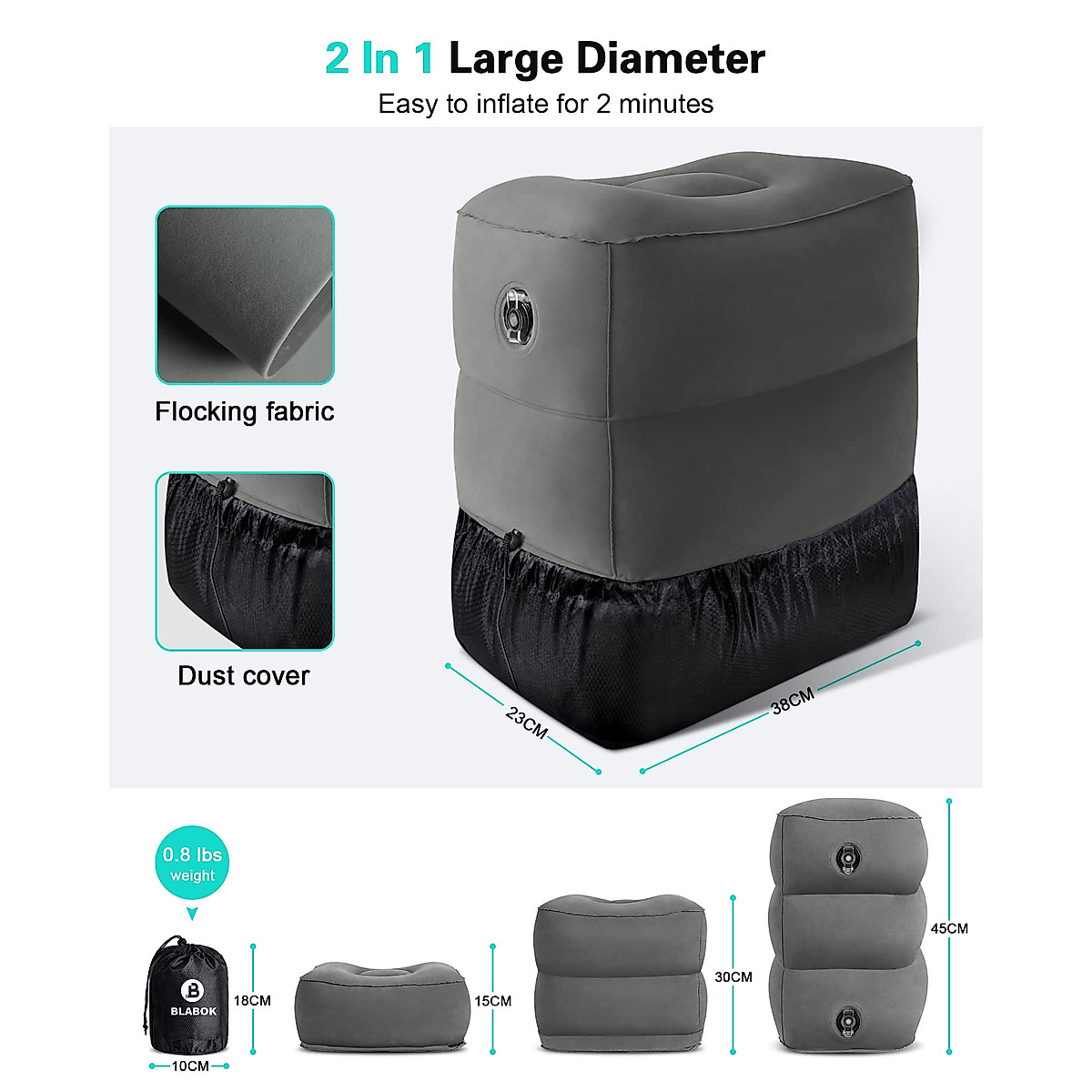 Inflatable Foot Rest for Air Travel, Airplane Footrest Adjustable Height Travel Foot Pillow Kids Bed,Portable Foot Rest Pillow for Kids & Adults on Plane,Car,Train,Office 2Pack (Dark Grey)