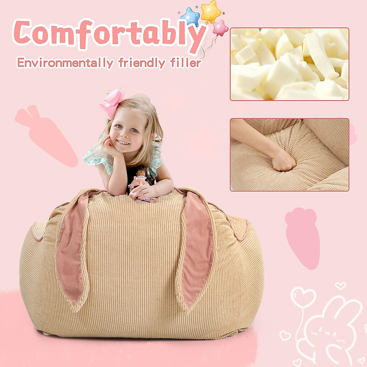 HAHASOLE Rabbit Toddler Sofa, Toddler Bean Bag Chair with Carrot Pillow, Corduroy Kids Armchair, Comfortable Toddler Chair for Boys and Girls