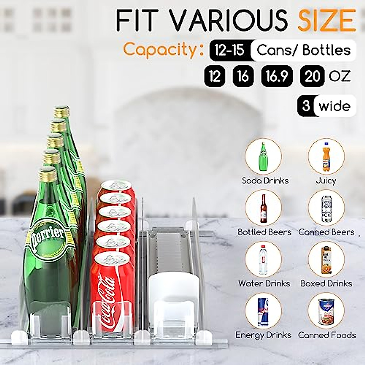 Drink Organizer for Fridge: Self Pushing Soda Can Dispenser for Refrigerator with Double Spring Beverage Pusher Glide Width Adjustable Soda Can Organizer for Kitchen Pantry White 3 Rows