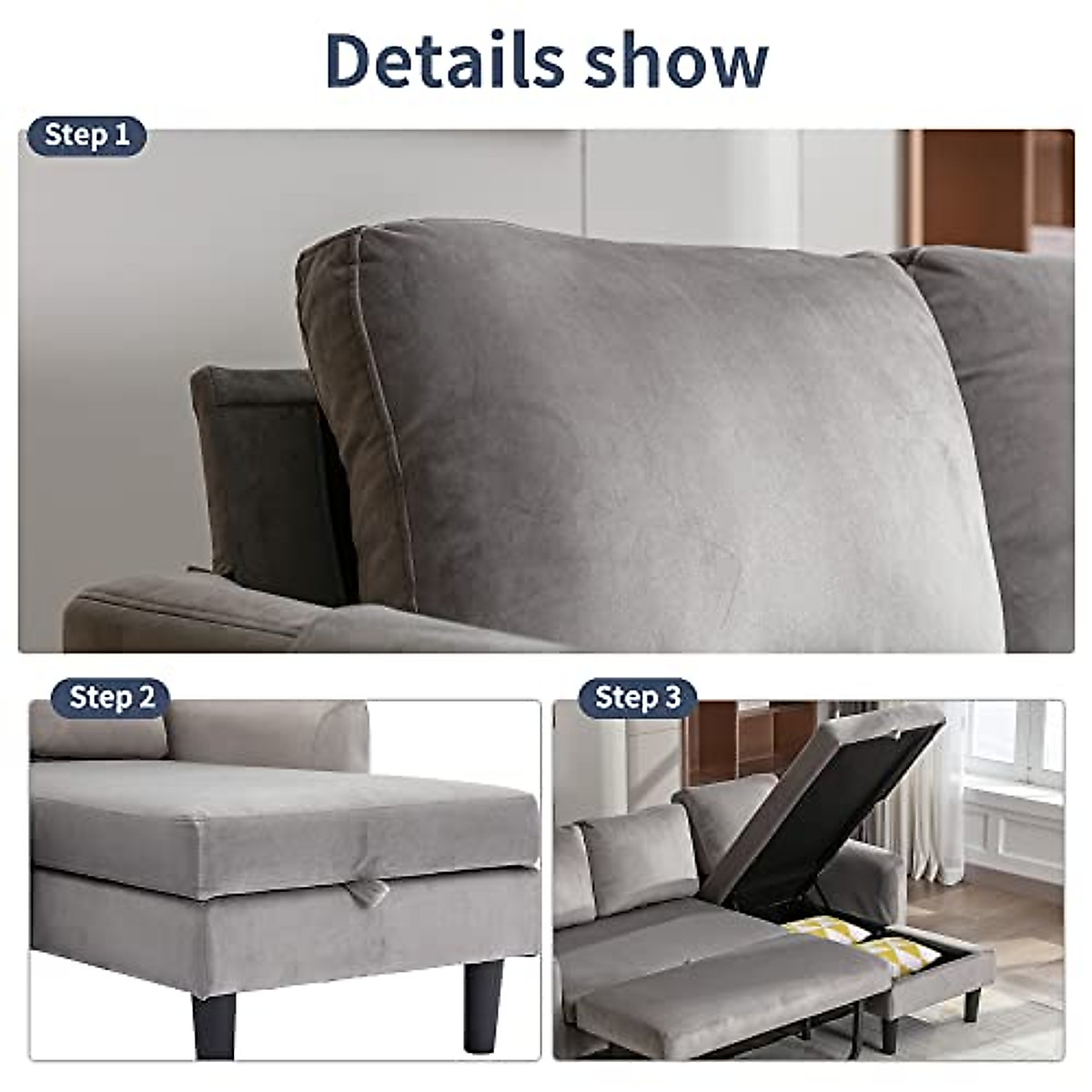 Hdxdkog L-Shaped Sectional Sofa with Pull-Out Bed 72" Sectional Sleeper Sofa Bed with Storage Chaise Lounge and Pocket, Upholstered Corner Couch for Living Room Home Office (Gray)