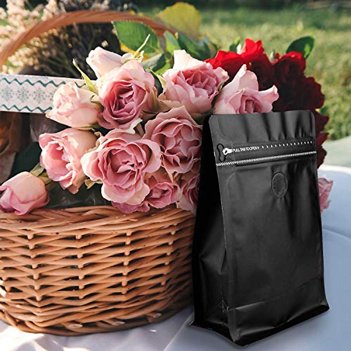 Idealux Black Coffee Bags with Valve, Aluminum Foil High Barrier bags, 0.5 lb Square Bottom Stand Up Pouches, Zip Lock Stand Up coffee Bags, Reusable Food Storage Bags 50pcs 8 OZ