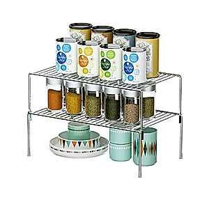 Redrubbit 2 Pack Large (15.9 x 9. 4 Inch) Stackable Cabinet Storage Shelf Rack, Rustproof Kitchen Counter and Cabinet Shelf, Storage Rack Organizer for Kitchen, Fridge, Cabinet, Bathroom, Chrome