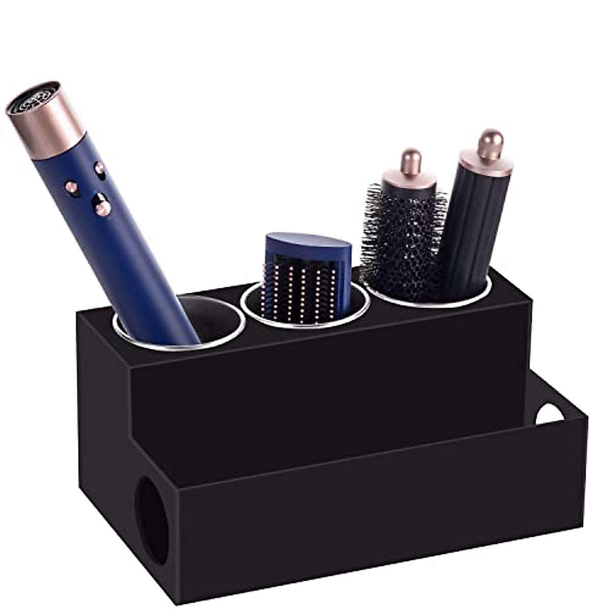 Happy start Acrylic Hair Tool Organizer - Blow Dryer Holder, Hair Styling Tools & Accessories Organizer Vanity Caddy Storage Stand with Heat Resistant Stainless Steel Cups (Regular, Black)