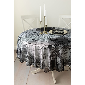 Benson Mills Spooky Spirits Web Lace Fabric Halloween Tablecloth, Halloween Table Cloth (Black, 70" Round)