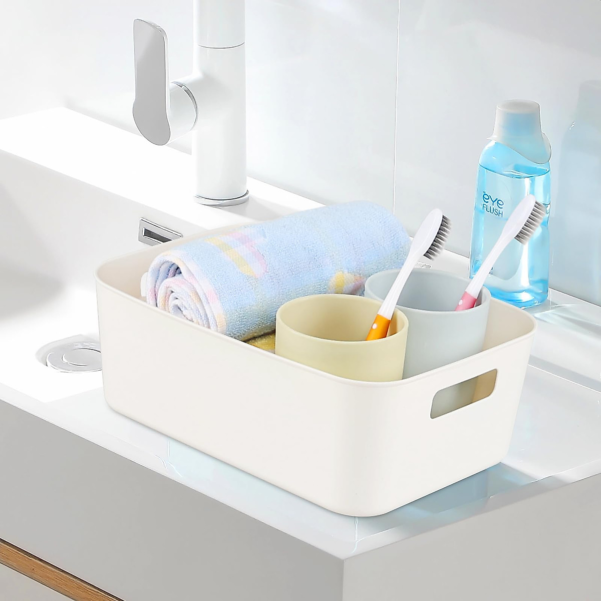 Tstorage Plastic Open Storage Bins for Cupboards, Plastic Storage Baskets with Handles, White, 6 Packs