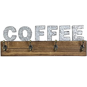 MyGift Wall Mounted Rustic Burnt Wood Coffee Mug Rack with 4 Dual Hooks and Galvanized Silver Metal Coffee Cutout Design, Wall Hanging Cup Holder