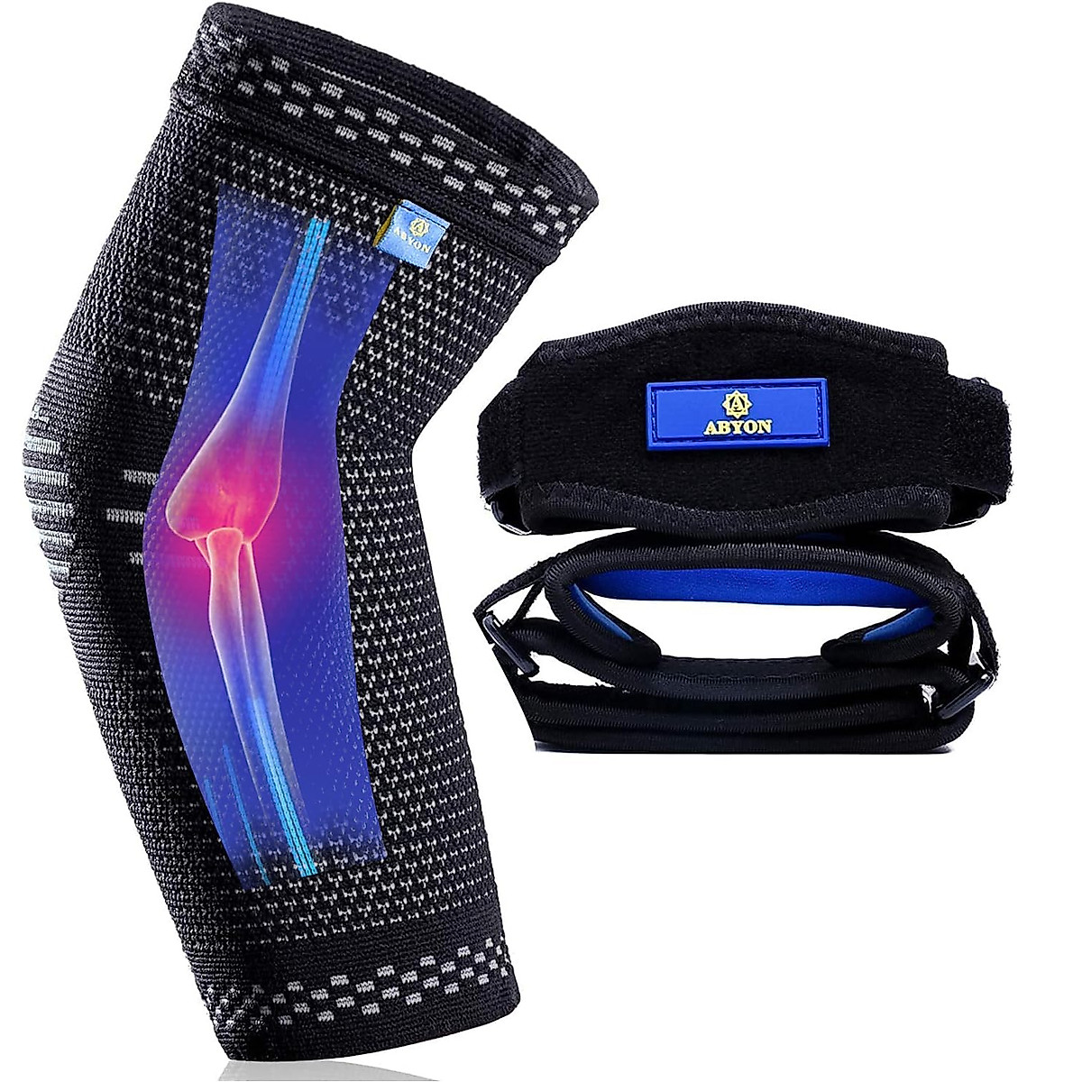 ABYON Professional tennis elbow brace for women (2 Pack) + Elbow Compression Sleeve (1 Pack),Elbow Brace with Compression for Tendonitis, Elbow Support for Reduce Pain (Black, Large)