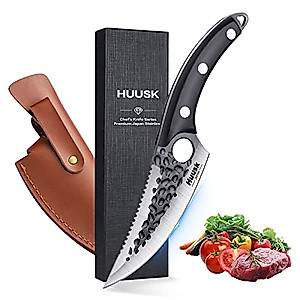 Huusk Viking Knife Caveman Knives - Hand Forged Meat Cleaver Sharp Boning Knife for Meat Cutting Japanese Knife with Sheath Trimming Butcher Knife for Kitchen & Outdoor Use