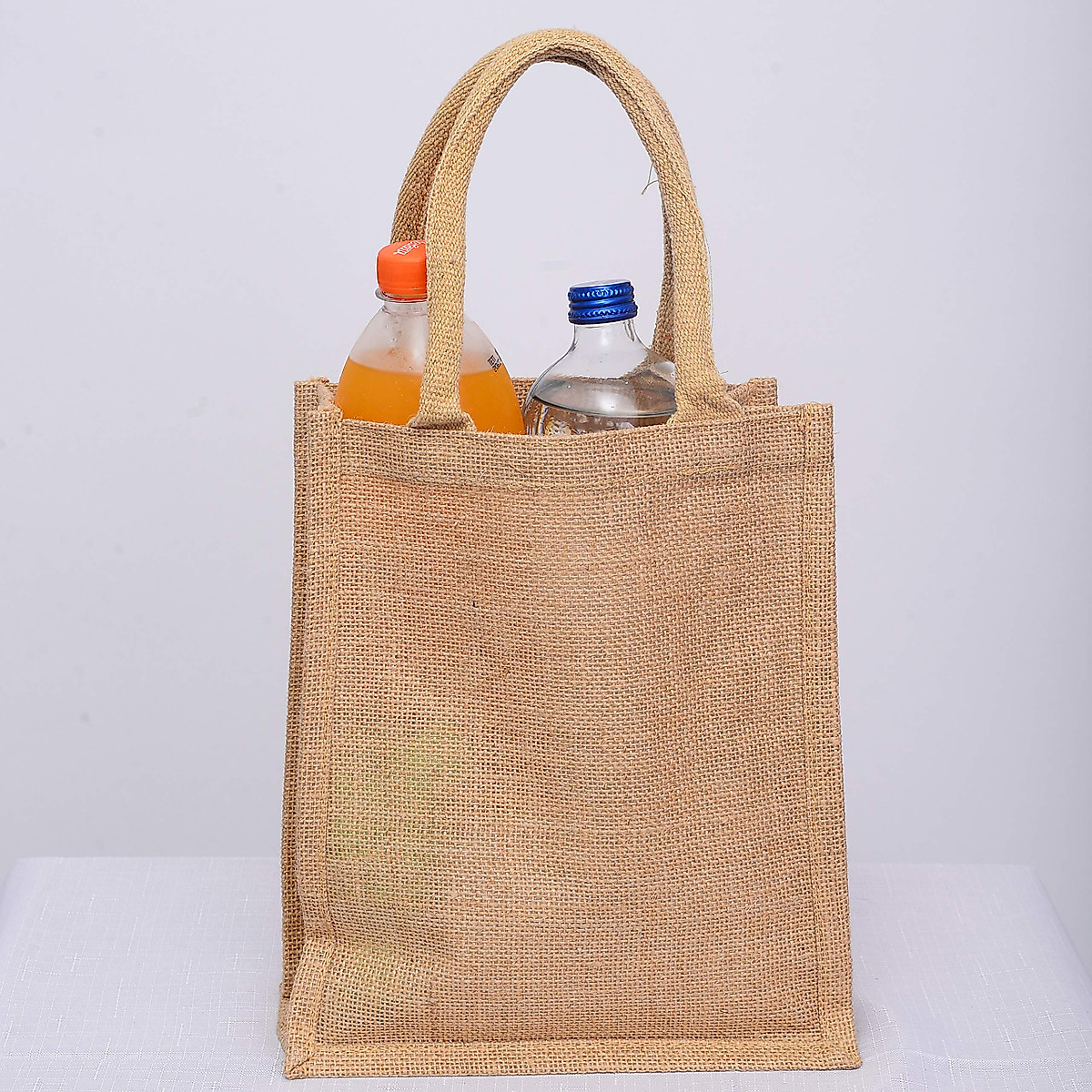 12 Pack Jute Burlap Tote Bags Soft Cotton Handles Laminated Interior Burlap Bags Beach Teacher Mother Bridesmaid Wedding DIY (LARGE (15.5x14x6)) Natural