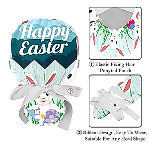 Happy Easter Bunny Egg Cute Rabbits Working Cap with Button & Sweatband, 2 Packs Reusable Surgical Surgery Hats Ponytail Holder, Multi Color