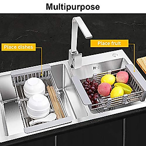 LUEXBOX Expandable Dish Drying Rack Over The Sink, Stainless Steel Drainer Basket with Adjustable Arms for Vegetable and Fruit (Grey)