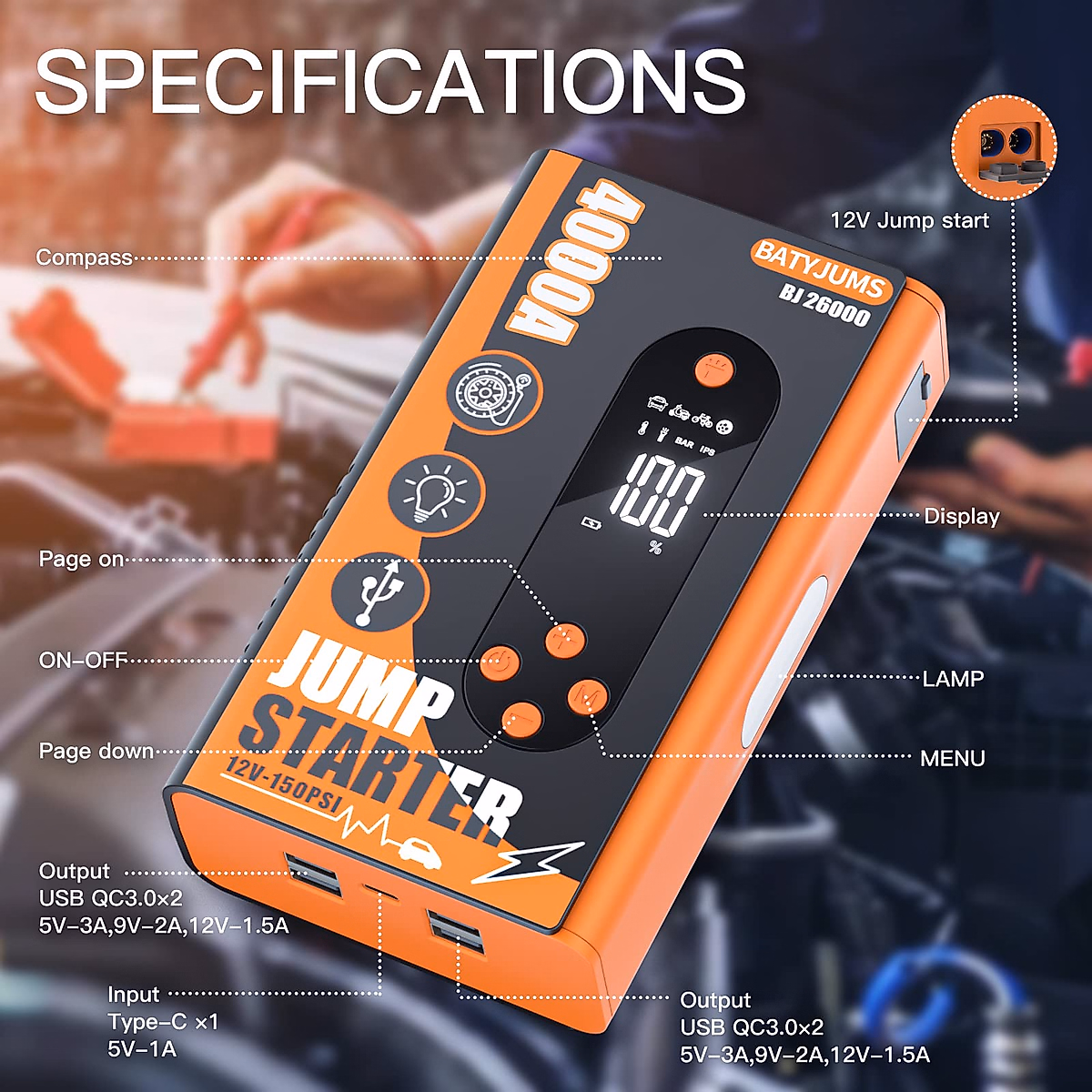 BATYJUMS Battery Jump Starter with - Air Compressor Portable Car Jump Box,𝟰𝟬𝟬𝟬𝗔 𝟭𝟮𝗩 Emergency Booster Pack, Gasoline 𝟭𝟬𝗟 Diesel𝟭𝟬𝗟, 𝟭𝟱𝟬𝗣𝗦𝗜 for Auto Motorcycle