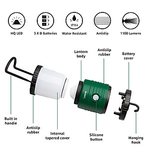 Lepro Lantern Camping Lantern, Battery Powered LED with 1500LM, 4 Light Modes, Waterproof Tent Light, Lantern Flashlight for Hurricane, Emergency Light, Survival Kit, Storms, Outages, Fishing, Hiking