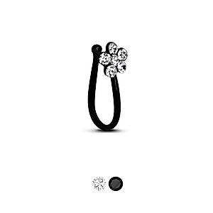 Black-Tone 925 Sterling Silver Fake Nose Hugger Clip On Non Piercing Clear Flower Nose Ring
