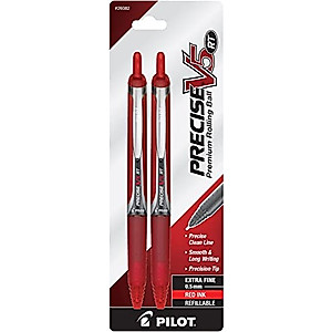 PILOT Precise V5 RT Refillable & Retractable Liquid Ink Rolling Ball Pens, Extra Fine Point (0.5mm) Red Ink, 2-Pack (26082)