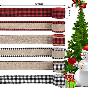 HOMSHIAM 6 Rolls Christmas Burlap Fabric Ribbon , 30 Yards Buffalo Check Ribbon Plaid Wired Edge Ribbon for DIY Gift Wrapping, Wedding Crafts Christmas Wreath Bows Decoratio