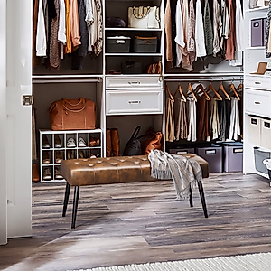 LUE BONA Button-Tufted Ottoman Bench, 44.5'' Faux Leather Upholstered Bedroom Bench, Padded Entryway Bench, End of Bed Bench with Metal Legs, for Decorative, Living Room, Dining Room, Yellowish Brown