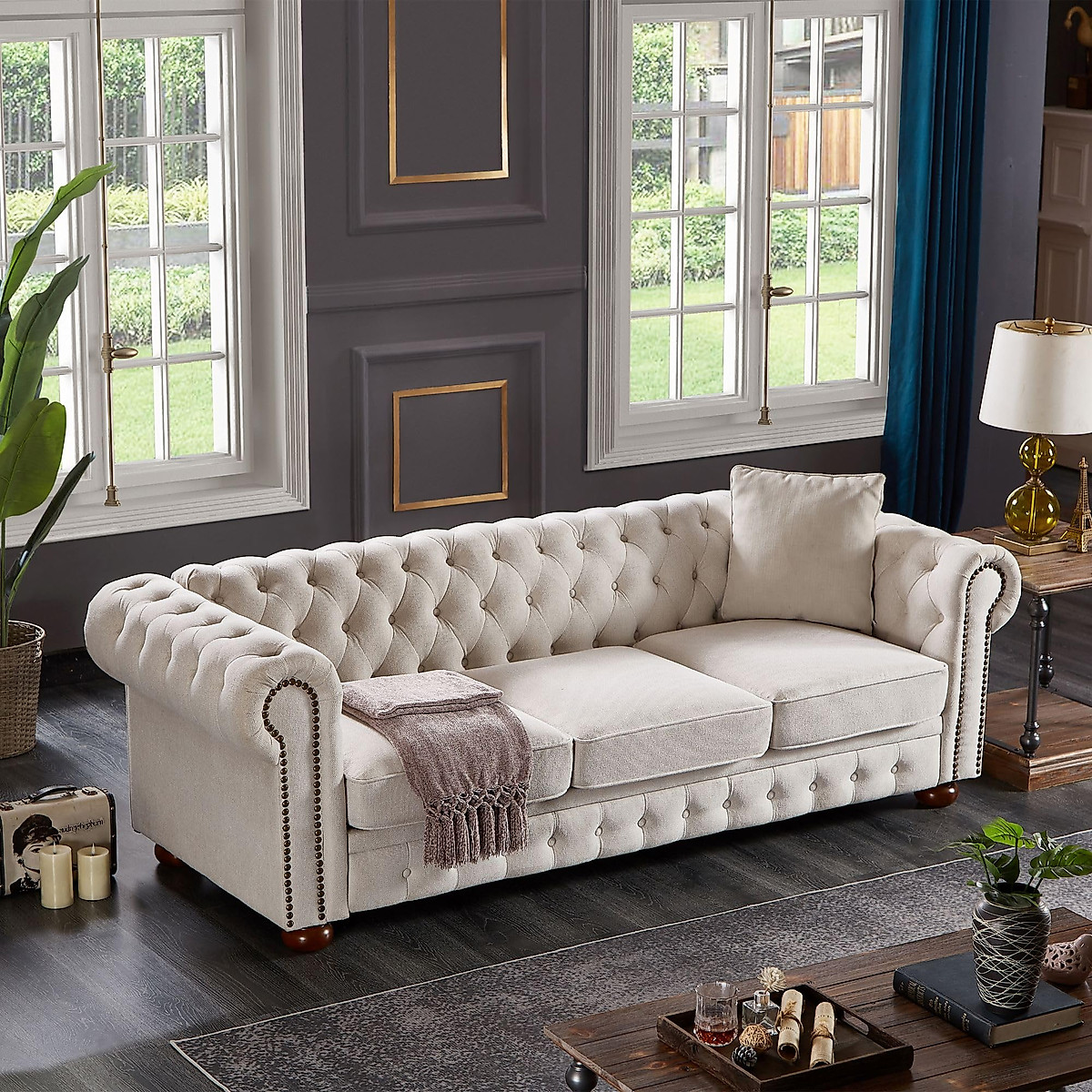 LUMISOL 3 Seater Couch for Living Room, Modern Upholstered Tufted Couch with Nailhead Trim & Wood Legs, Chesterfield Sofa with Rolled Arms