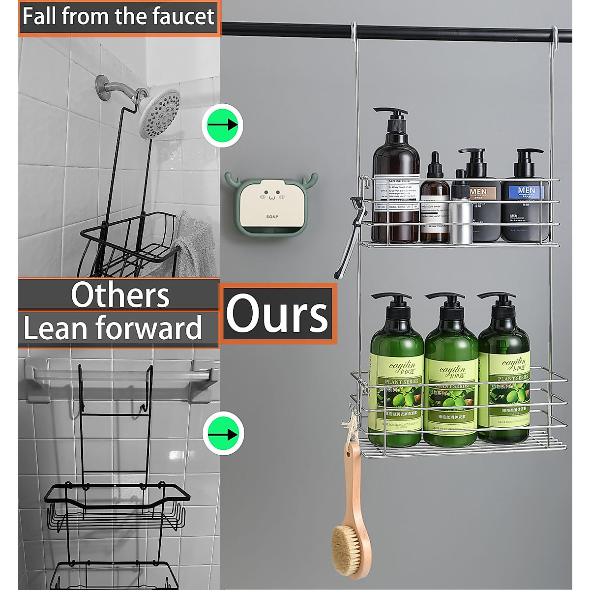 Seltomer Hanging Shower Caddy Bathroom Inside Shower Rack Shampoo Holder Rotatable Hook Bar, 304 Stainless Steel Rustproof(Double-Layer)