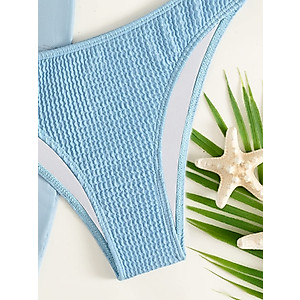 MakeMeChic Women's 3 Piece Bathing Suits Halter Ring Bikini Set with Cover Up Skirt Light Blue S