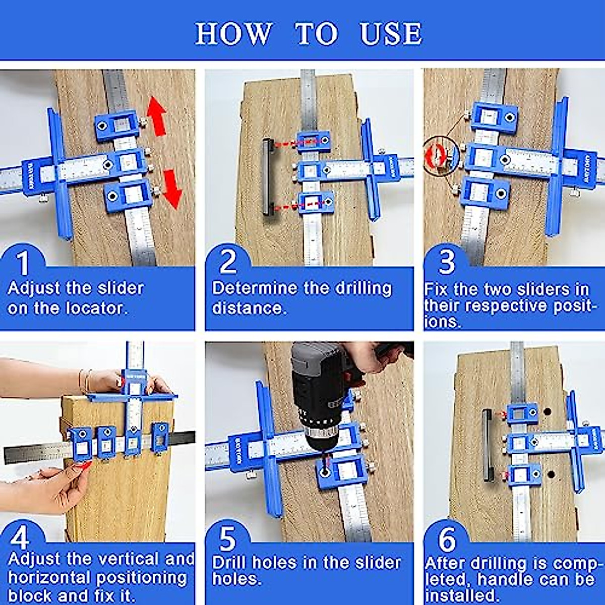 BAYTORY Upgrade Cabinet Hardware Jig Punch Drill Guide Locator for Installation of Drawer Pull Handle Knob, Wood Door Adjustable Drilling Doweling Template Tool with Storage Bag (Plastic Blue)
