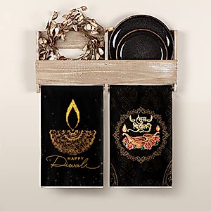 Artoid Mode Marigold Flower Happy Diwali Kitchen Towels Dish Towels, 18x26 Inch Seasonal Indian Festival of Light Decor Hand Towels Set of 2